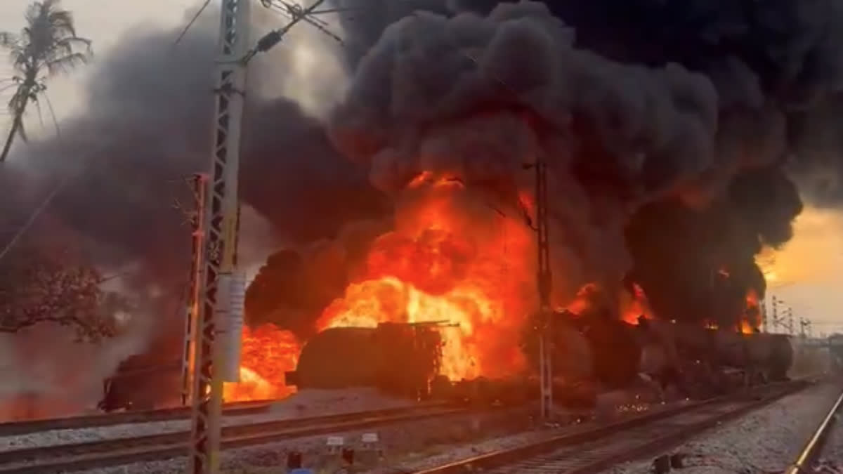 Massive Fire Rages On Freight Train Carrying Diesel In Tamil Nadu