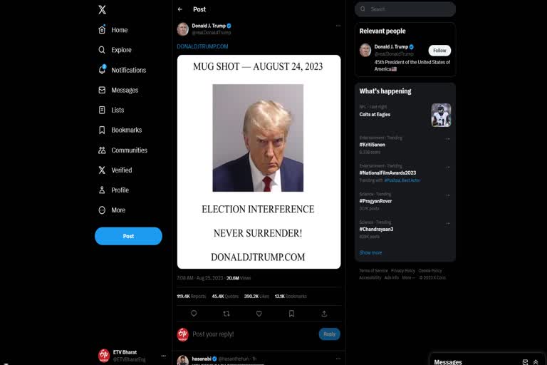Trump shares his mug shot in X, his first post since Elon Musk took ...