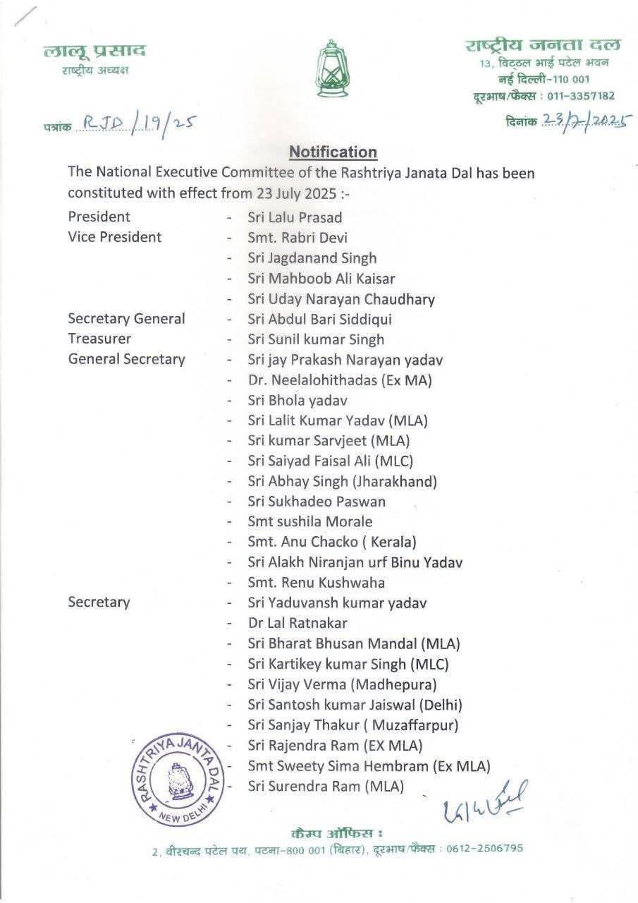 RJD Appoints Rabri Devi and Jagdanand Singh as Vice Presidents in New National Team – Patna Press