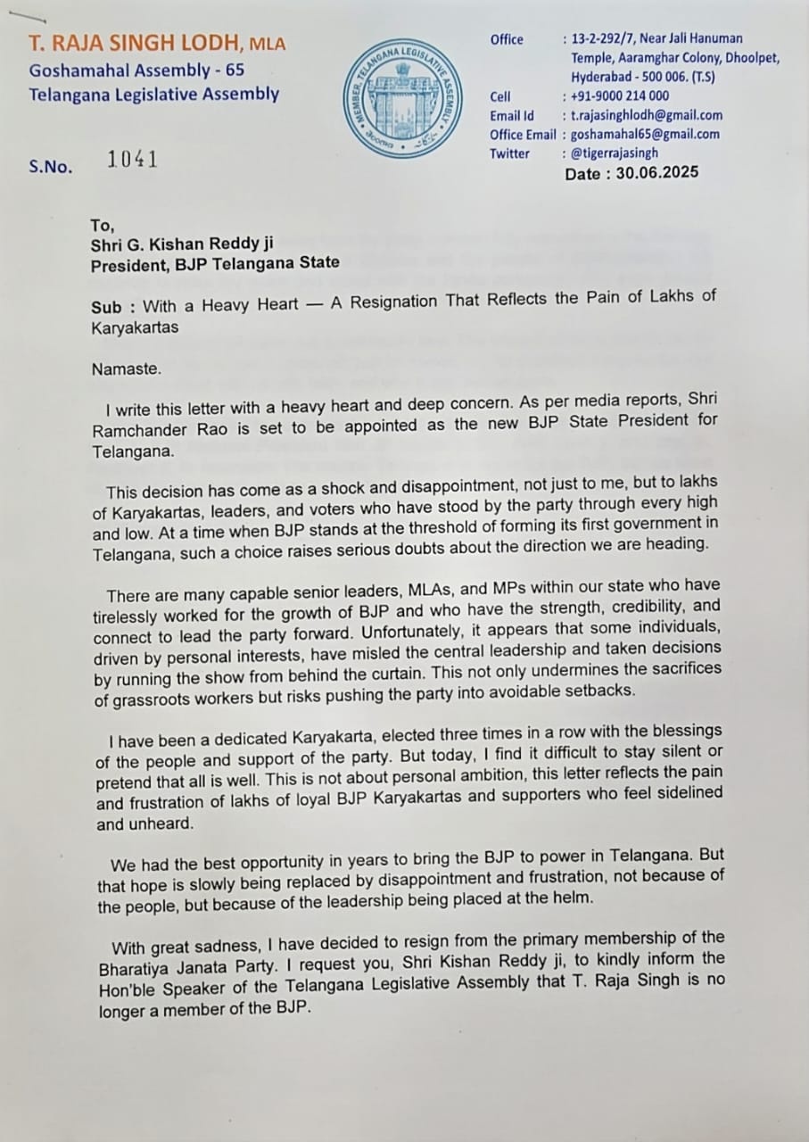 New President Row In Telangana BJP - Party MLA Raja Singh Resigns From ...